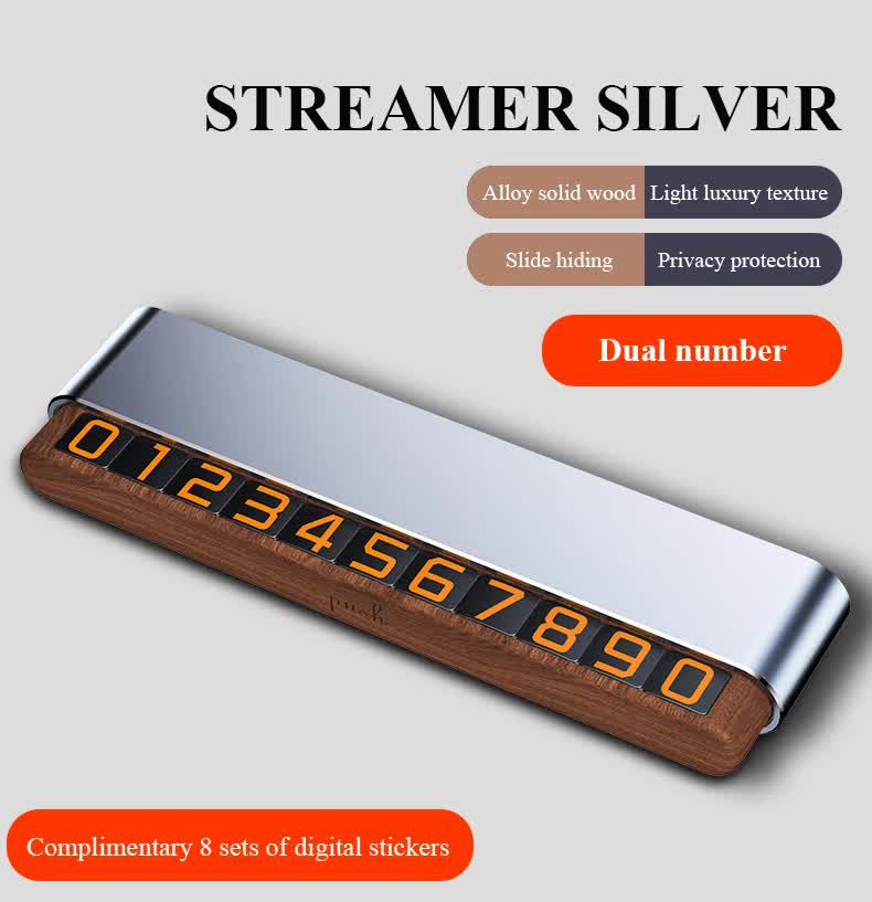 Silver Dual-Number Alloy and Wood Temporary Parking Card - Sliding Pri ...
